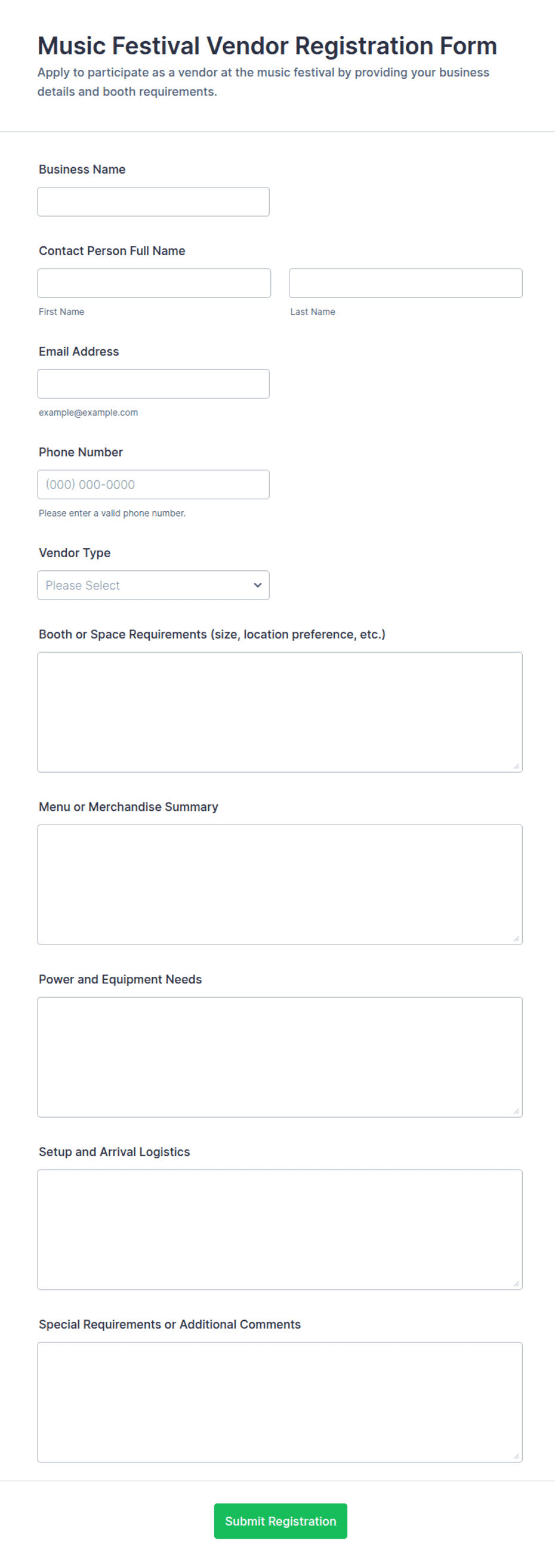 Music Festival Vendor Registration Form Template | Jotform