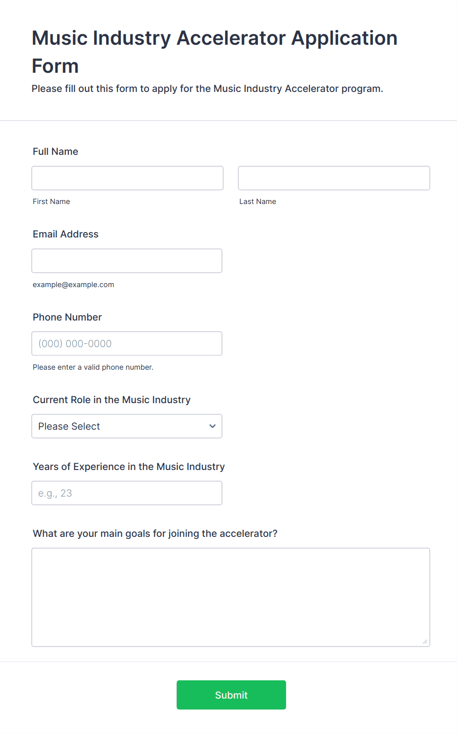 Music Industry Accelerator Application Form Template | Jotform