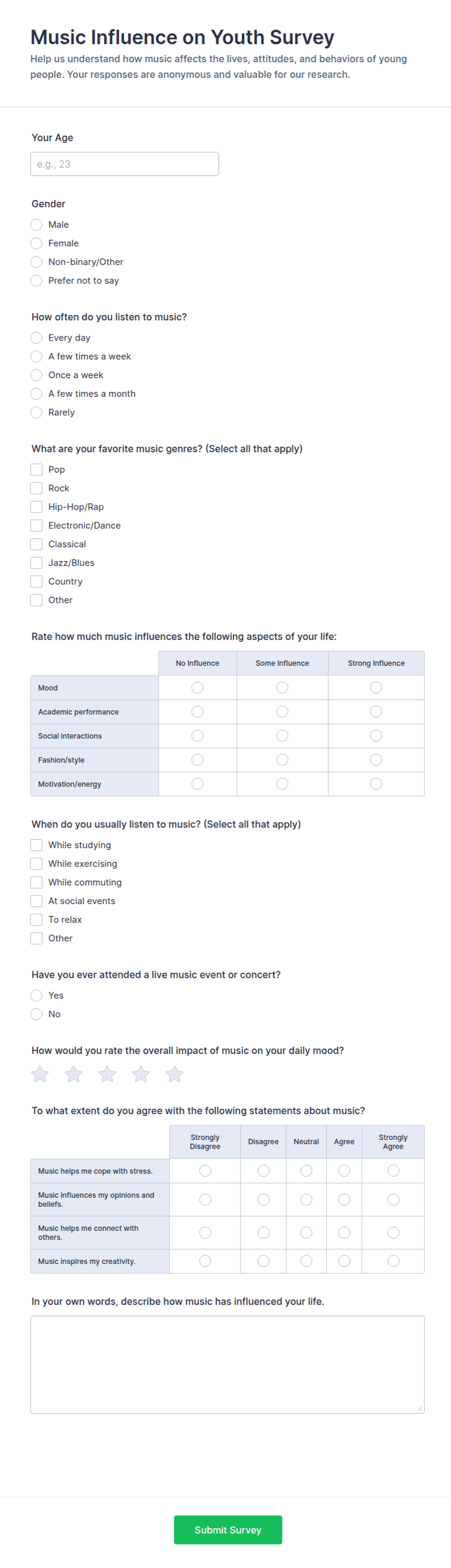 Music Influence on Youth Survey Form Template | Jotform