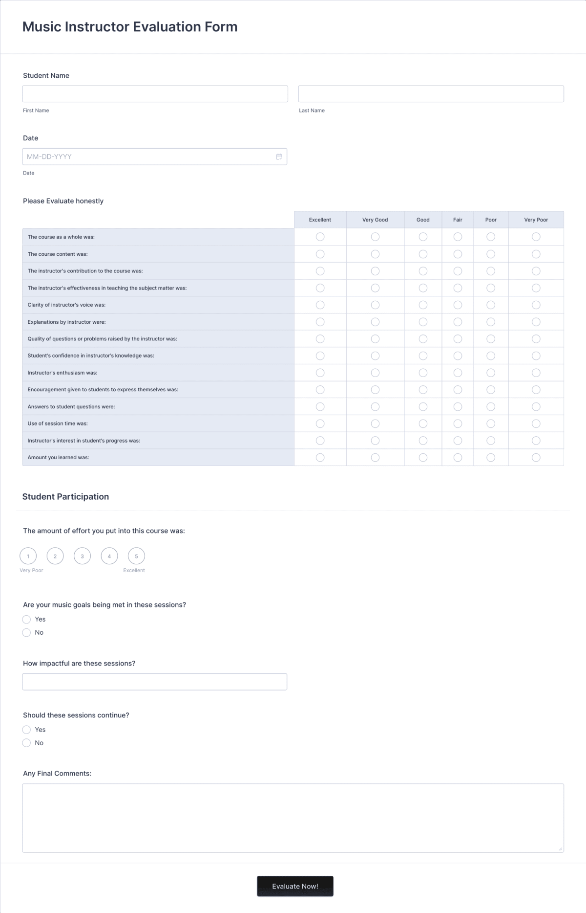 Music Instructor Evaluation Form Template | Jotform
