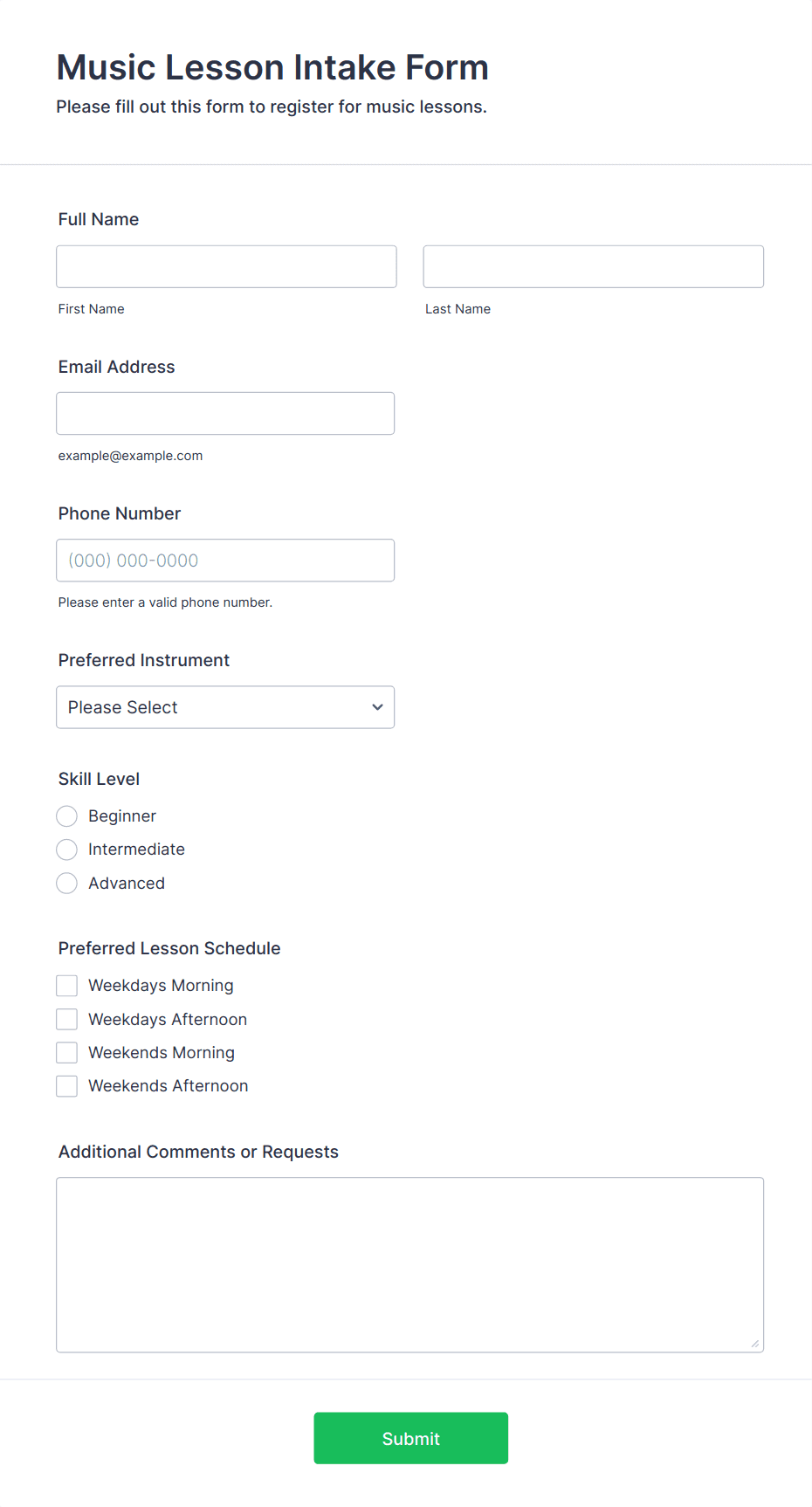 Music Lesson Intake Form Template | Jotform