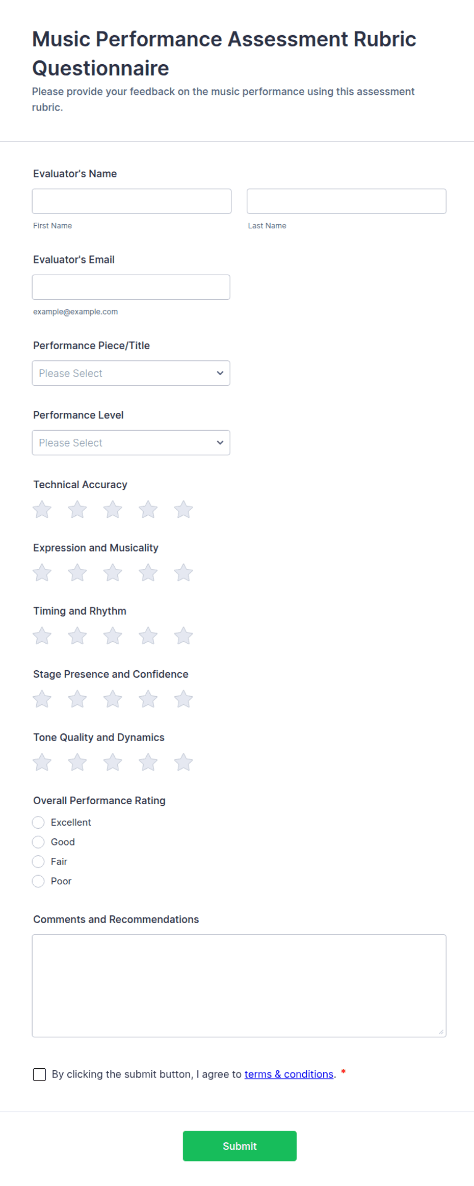 Music Performance Assessment Rubric Questionnaire Form Template | Jotform