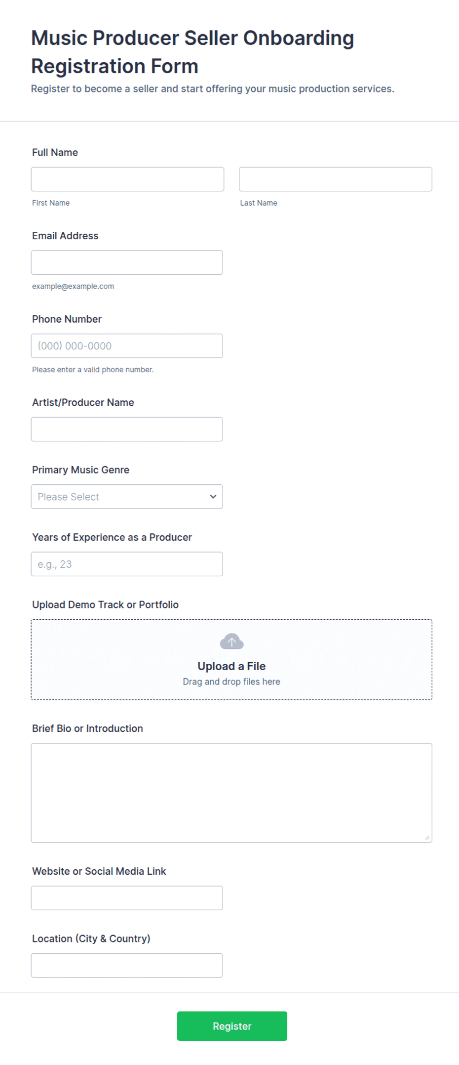 Music Producer Seller Onboarding Registration Form Template | Jotform