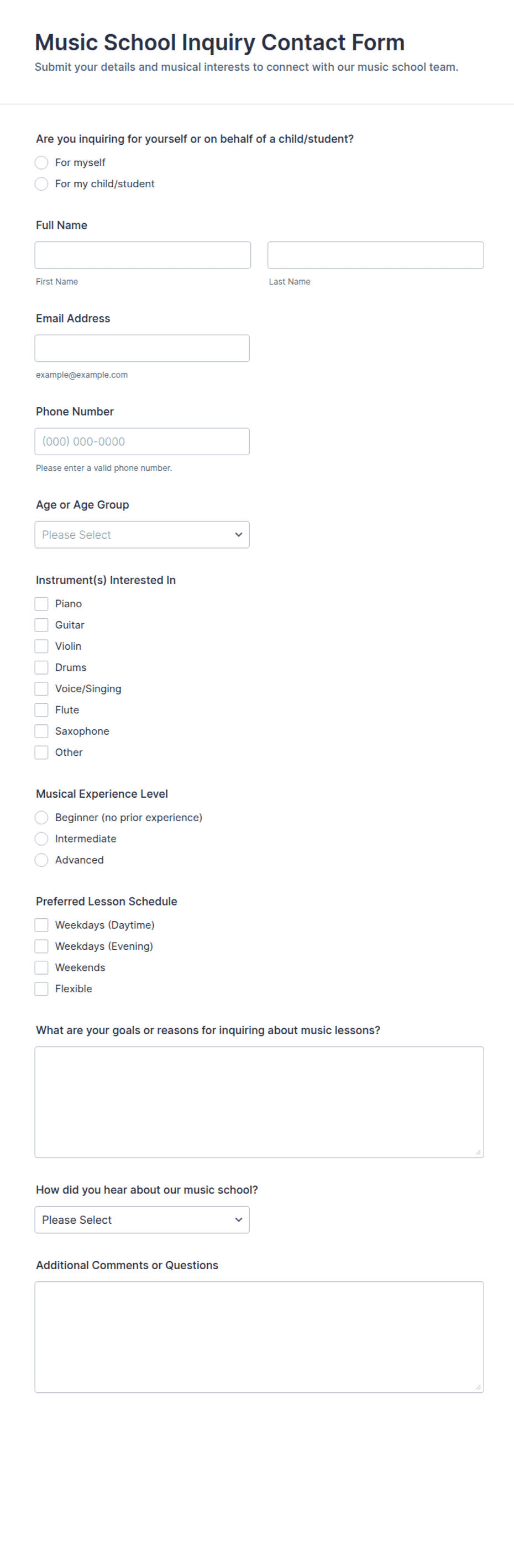 Music School Inquiry Contact Form Template | Jotform