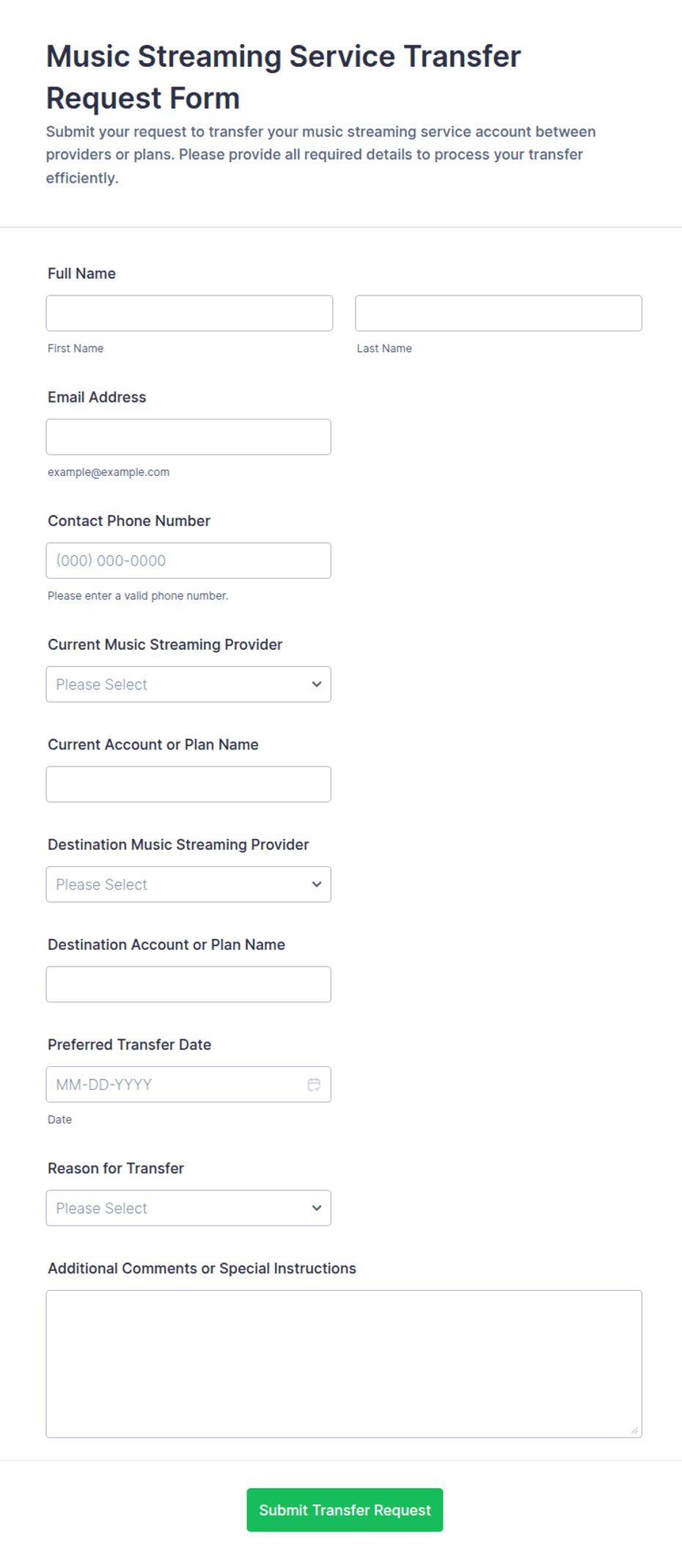 Music Streaming Service Transfer Request Form Template | Jotform