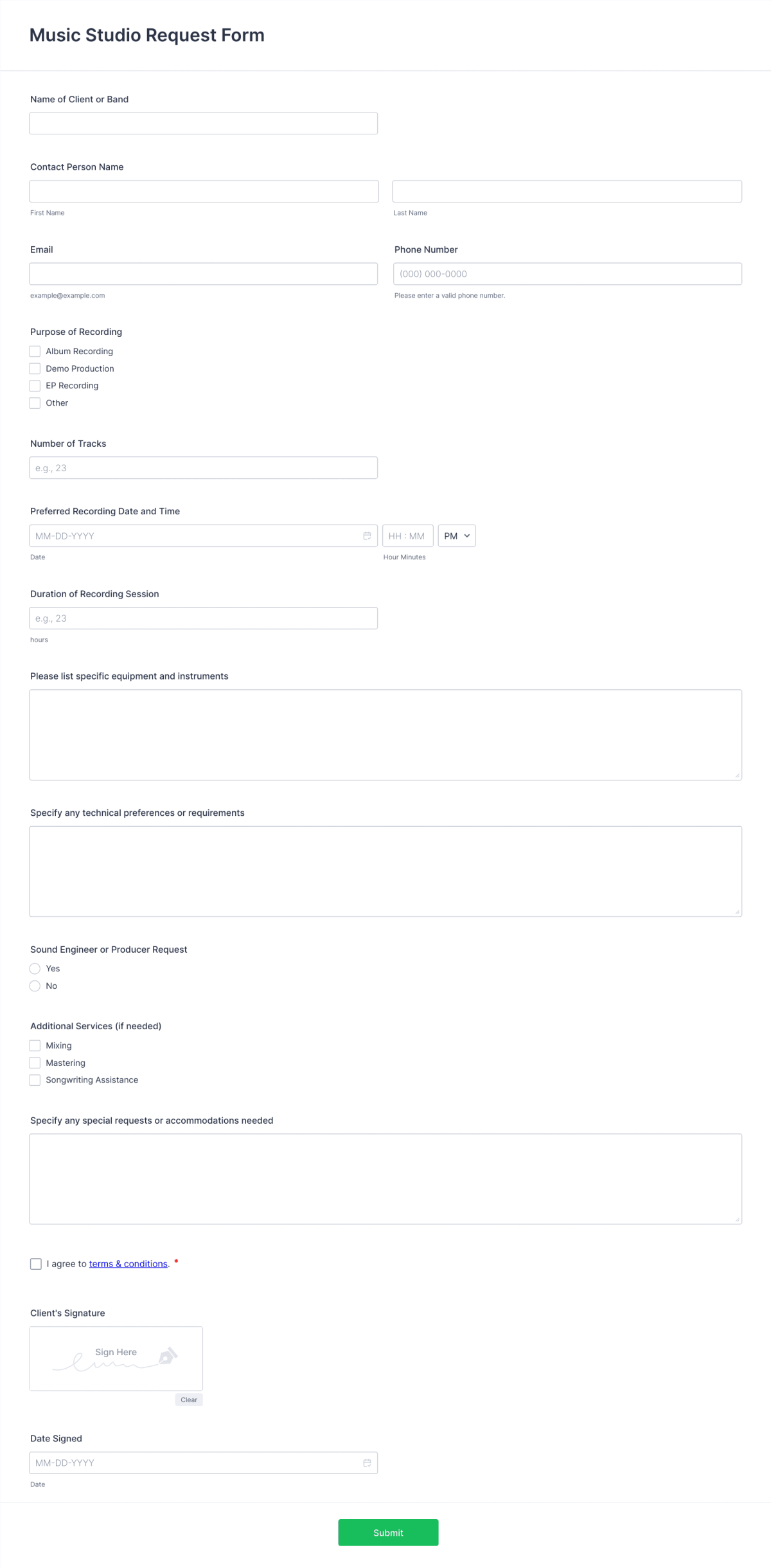 Music Studio Request Form Template | Jotform