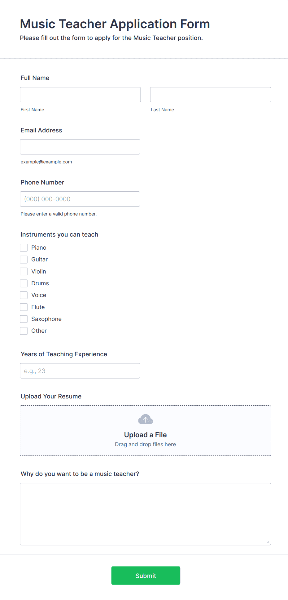 Music Teacher Application Form Template | Jotform