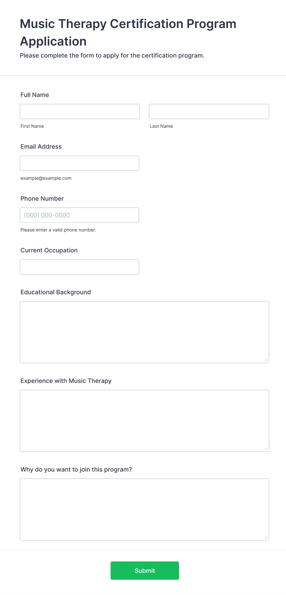 Music Therapy Certification Program Application Form Template | Jotform