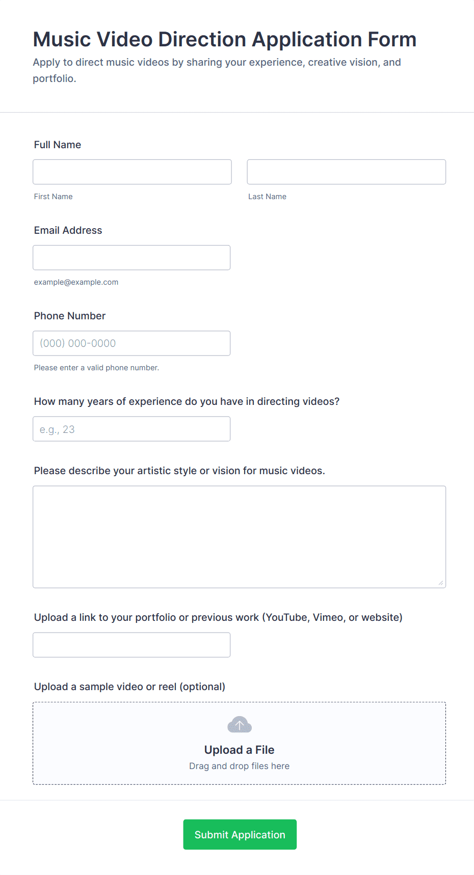 Music Video Direction Application Form Template | Jotform