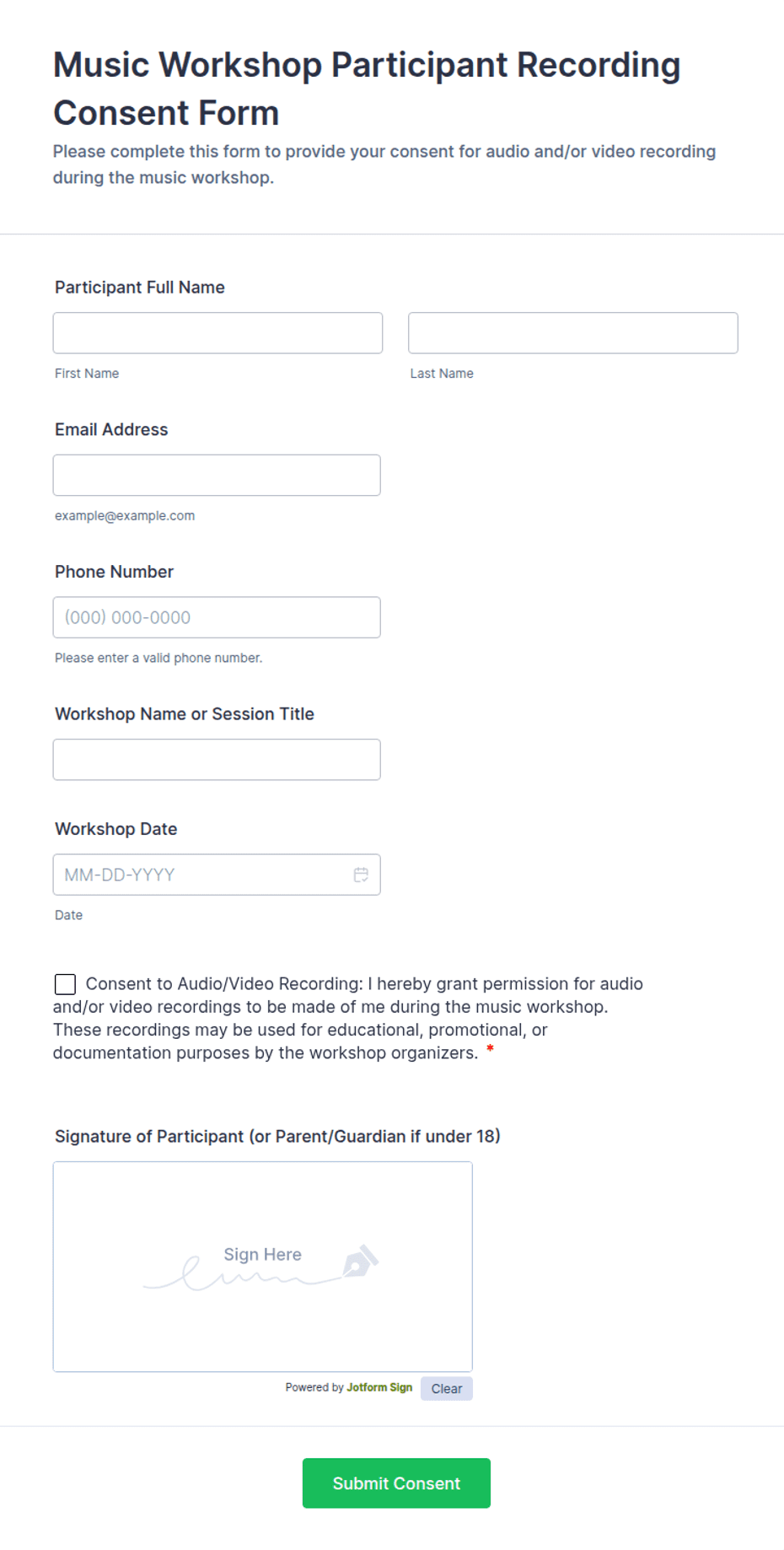 Music Workshop Participant Recording Consent Form Template | Jotform