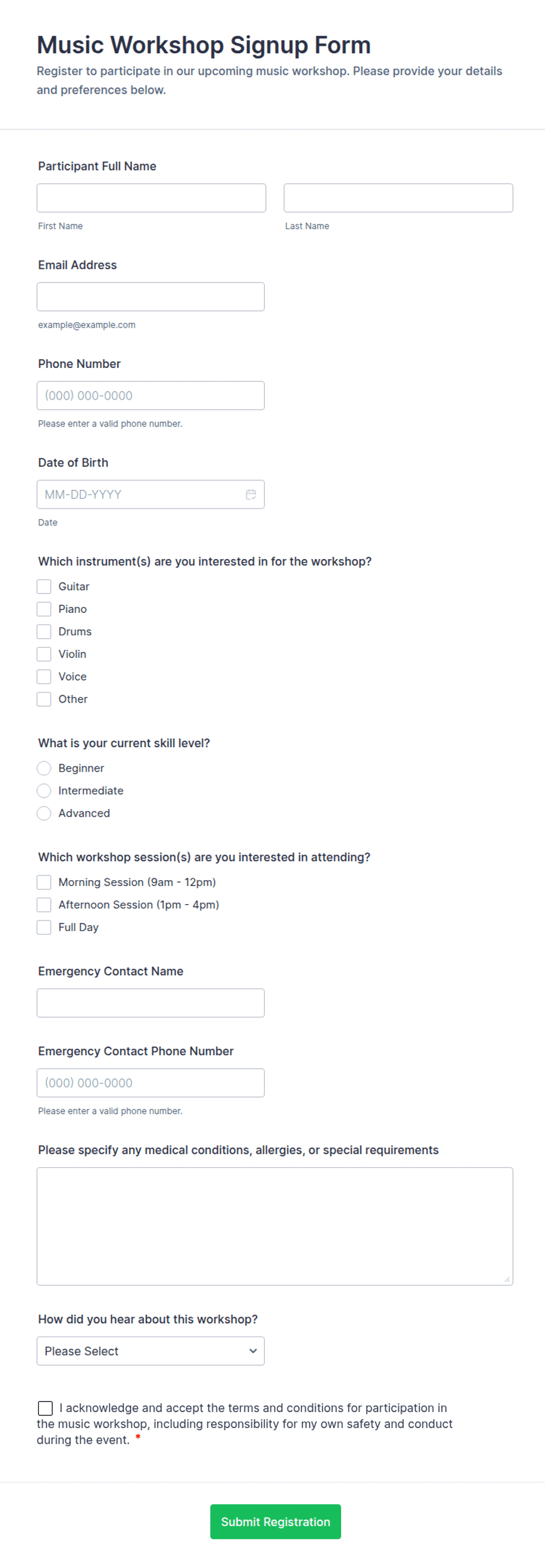 Music Workshop Signup Form Template | Jotform