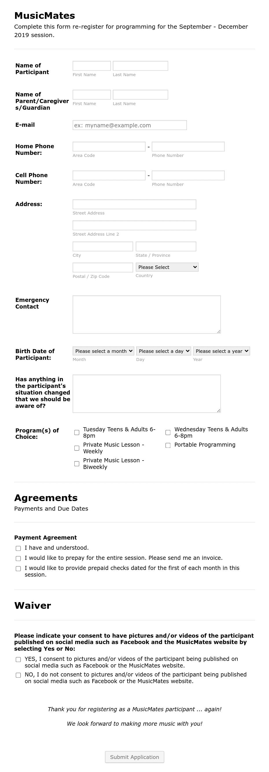 MusicMates Returning Participant Registration Form September - December ...
