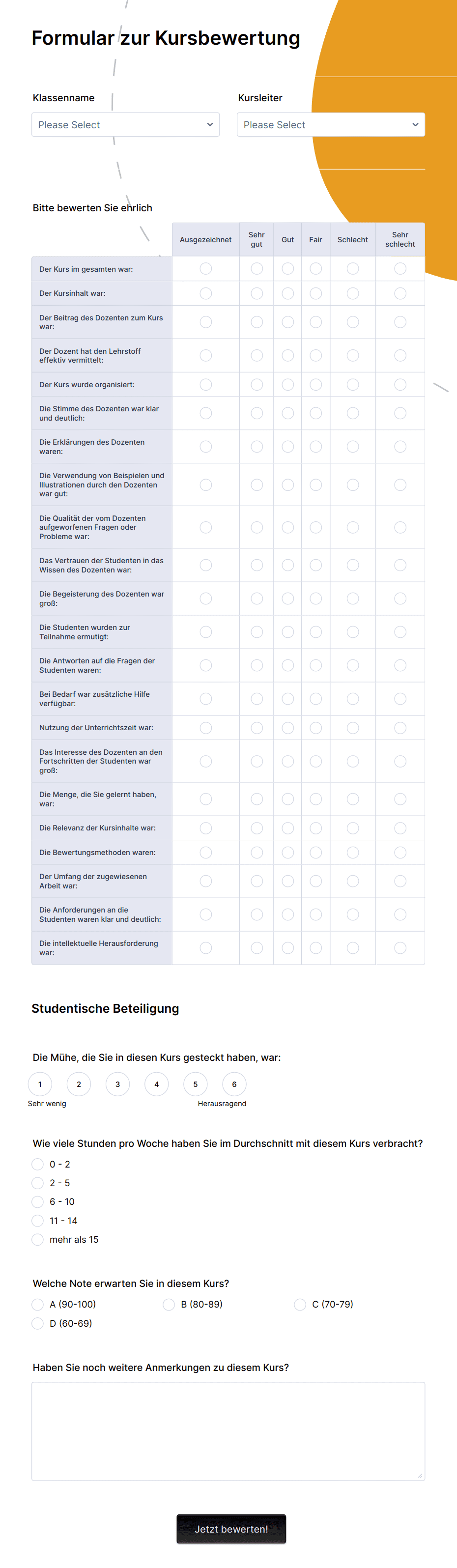 Musterformular für die Kursbewertung Formularvorlage | Jotform