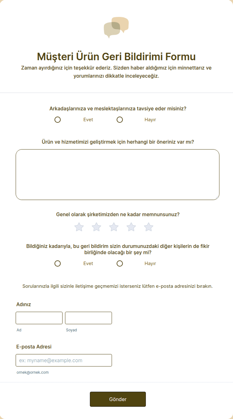 Müşteri Ürün Geri Bildirimi Form Şablonu | Jotform