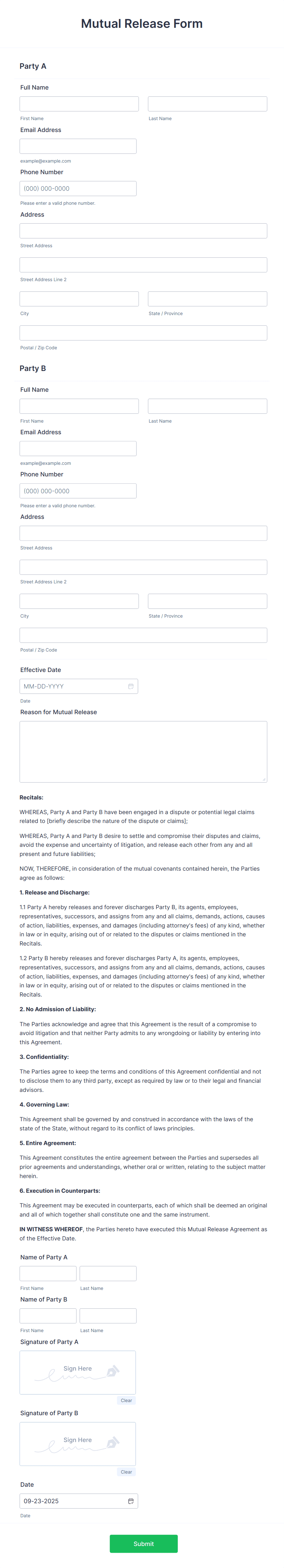 Mutual Release Form Template | Jotform