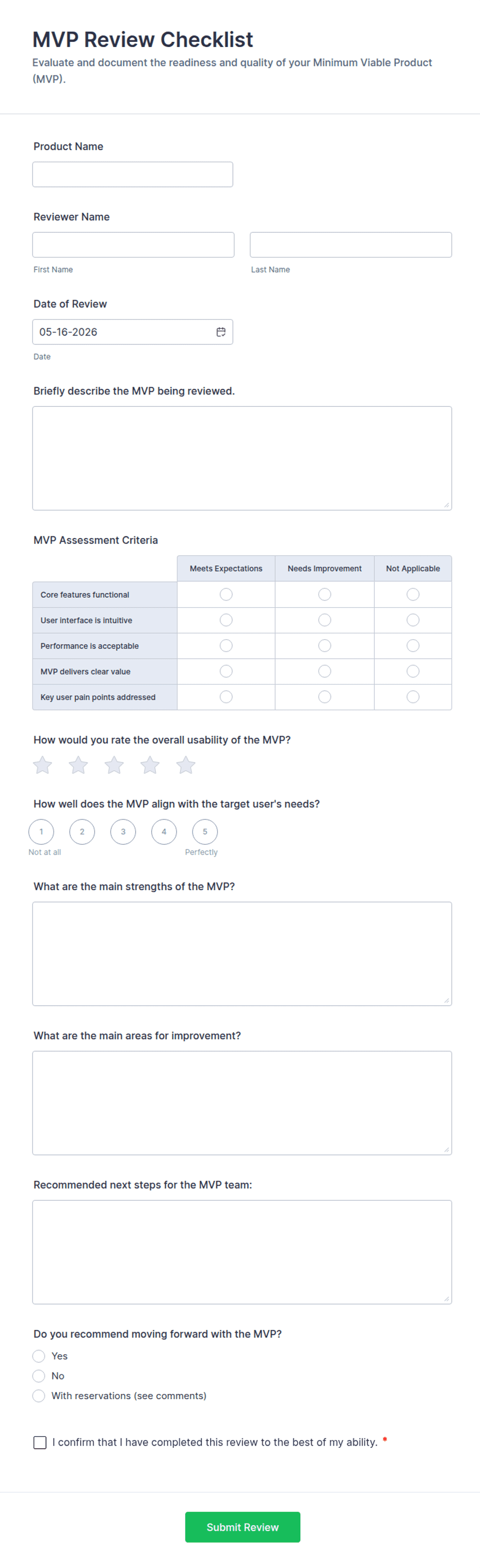 MVP Review Checklist Form Template | Jotform