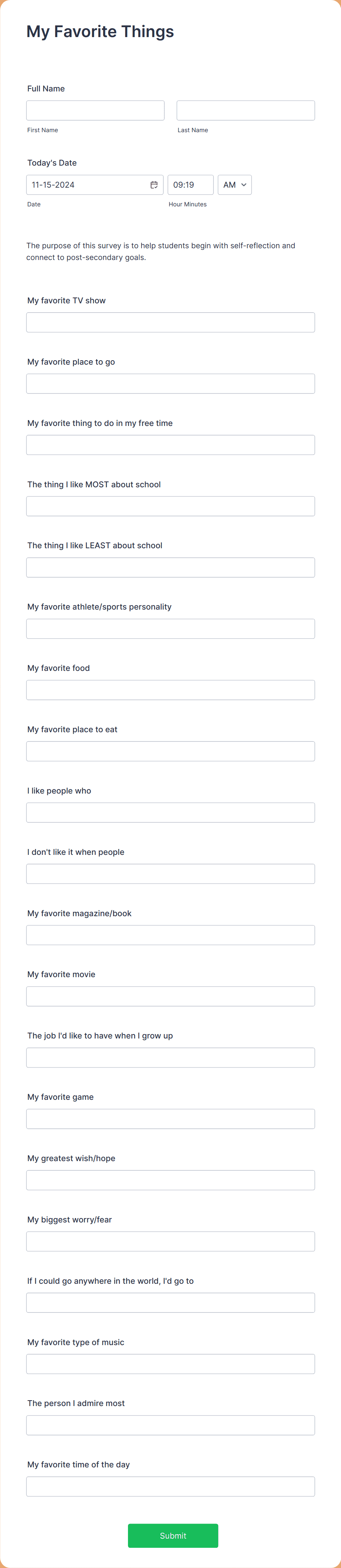 My Favorite Things Questionnaire Form Template | Jotform