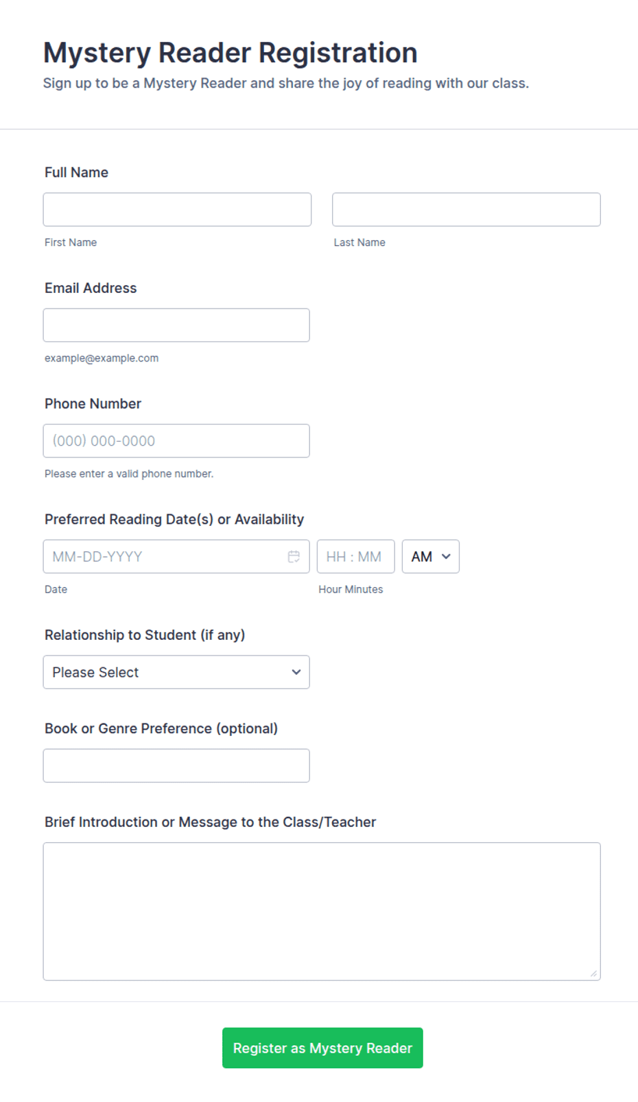 Mystery Reader Registration Form Template | Jotform