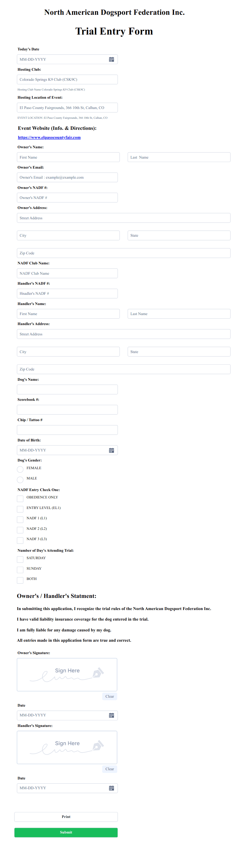 NADF Trial Entry Form Template | Jotform