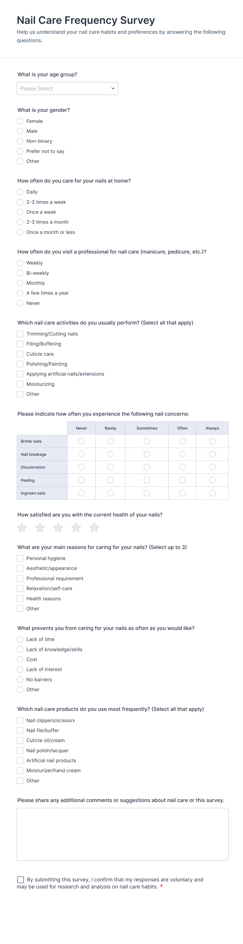 Nail Care Frequency Survey Form Template | Jotform