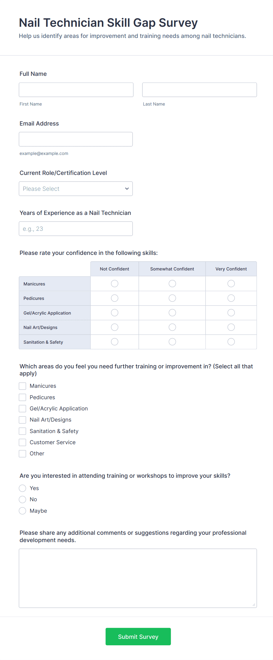 Nail Technician Skill Gap Survey Form Template | Jotform