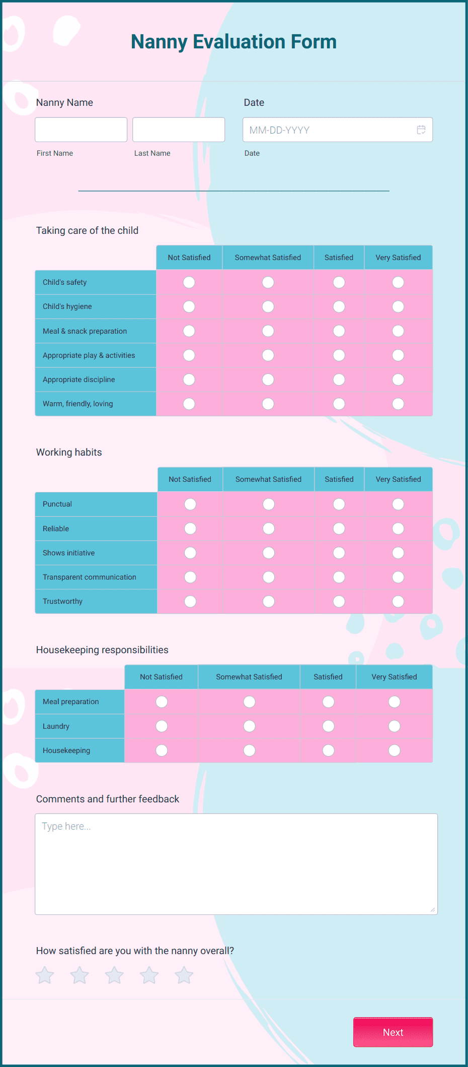 Nanny Evaluation Form Template | Jotform