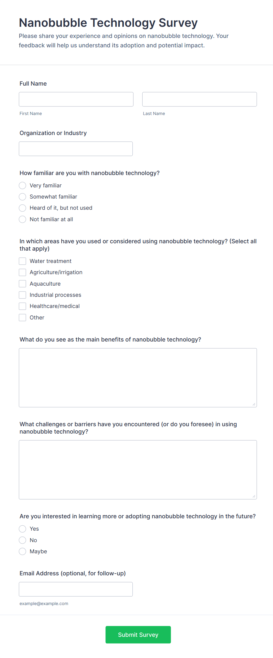 Nanobubble Technology Survey Form Template | Jotform