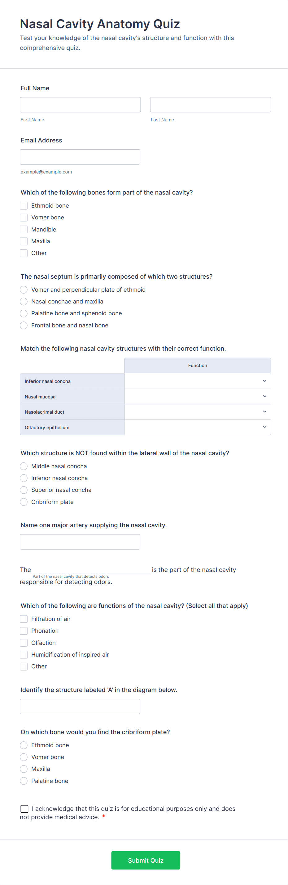 Nasal Cavity Anatomy Quiz Form Template | Jotform