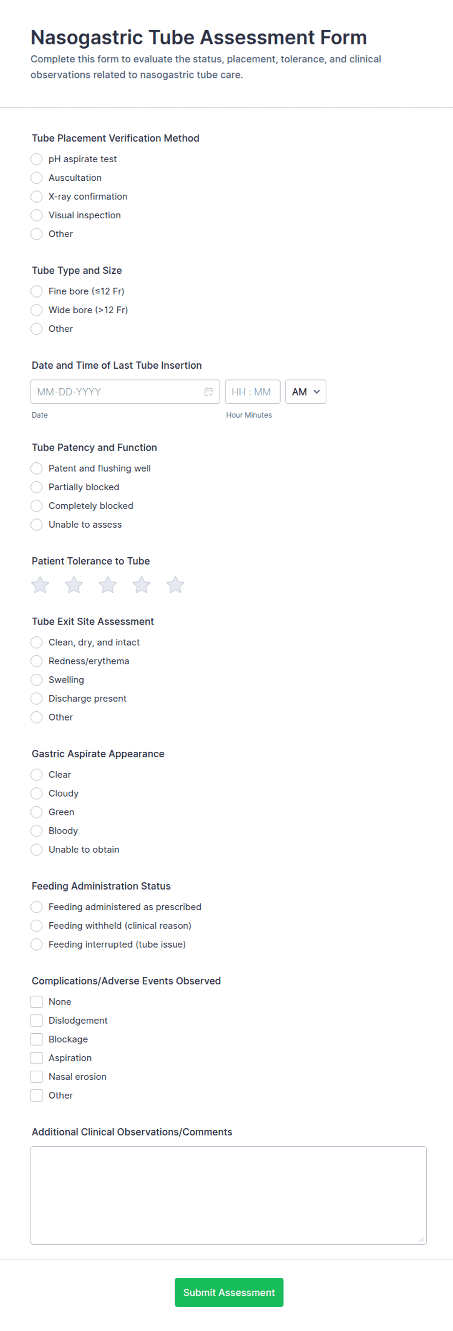 Nasogastric Tube Assessment Form Template | Jotform