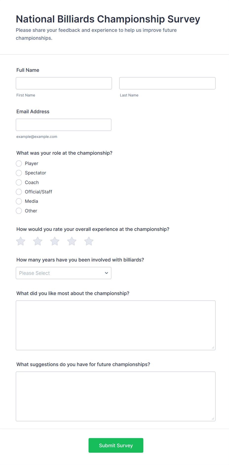 National Billiards Championship Survey Form Template | Jotform