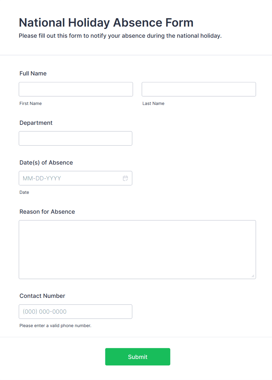 National Holiday Absence Form Template | Jotform