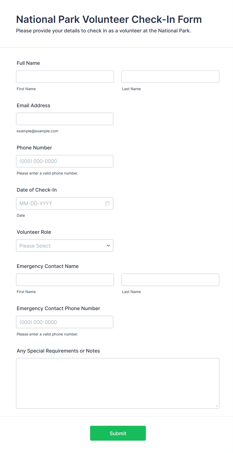 National Park Volunteer Check-In Form Template | Jotform