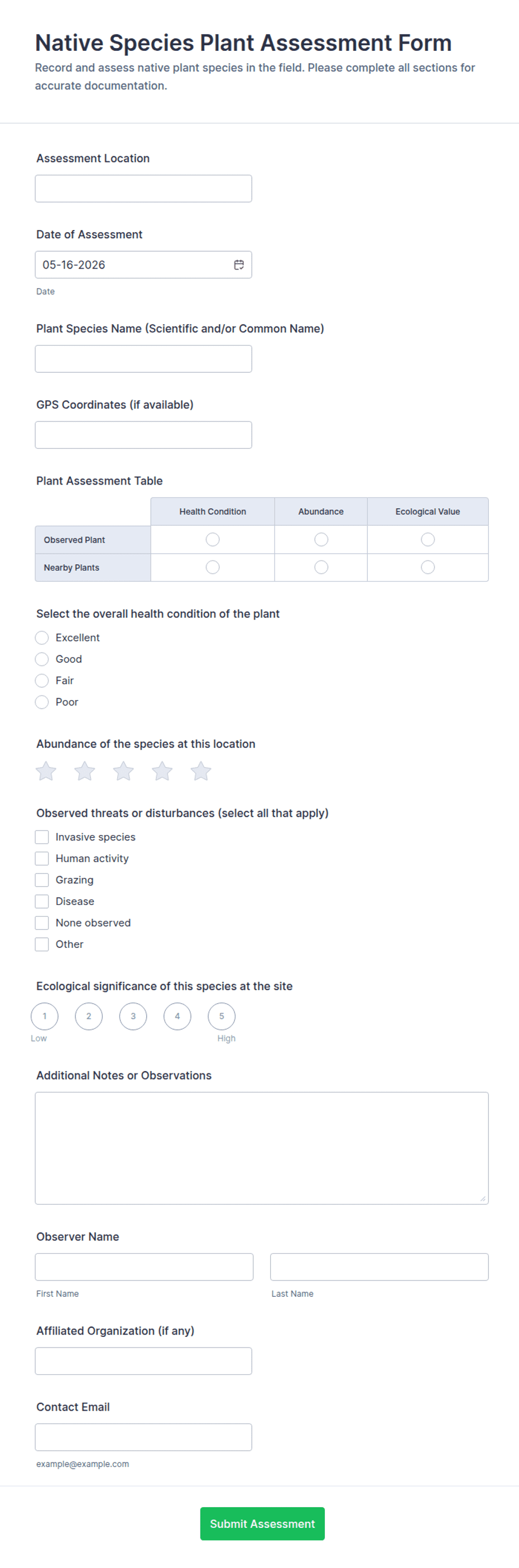 Native Species Plant Assessment Form Template | Jotform