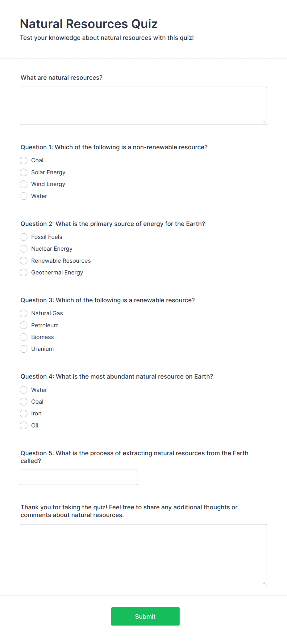 Natural Resources Quiz Form Template | Jotform
