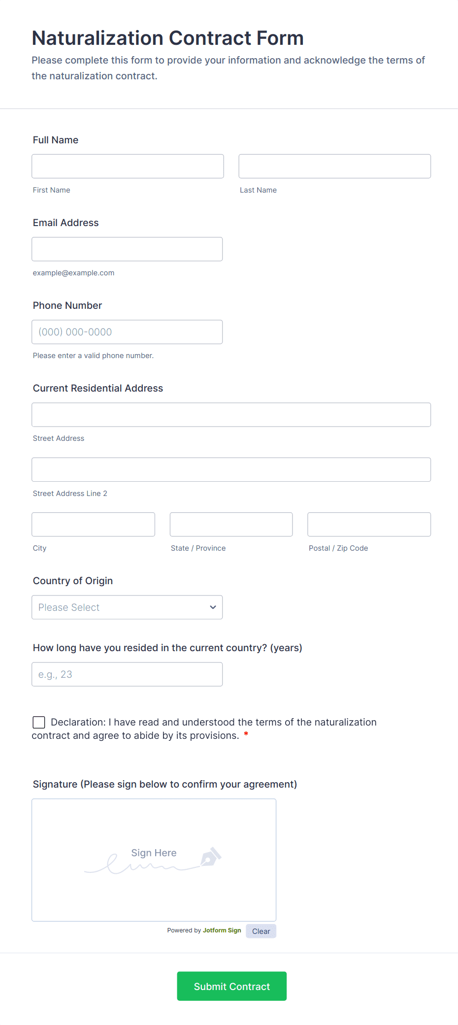 Naturalization Contract Form Template | Jotform