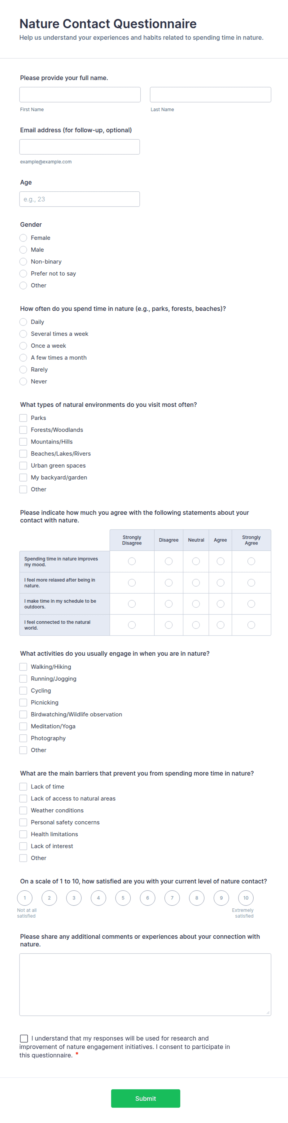 Nature Contact Questionnaire Form Template | Jotform