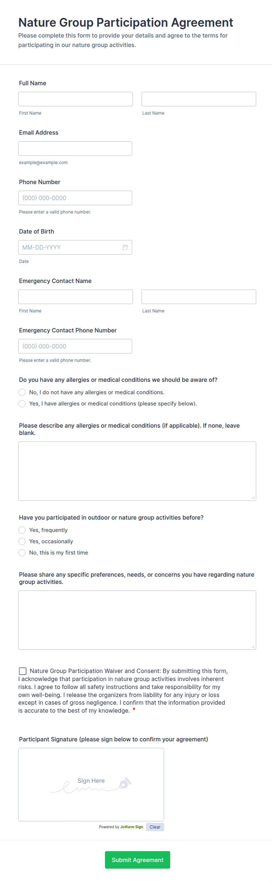 Nature Group Participation Agreement Form Template | Jotform