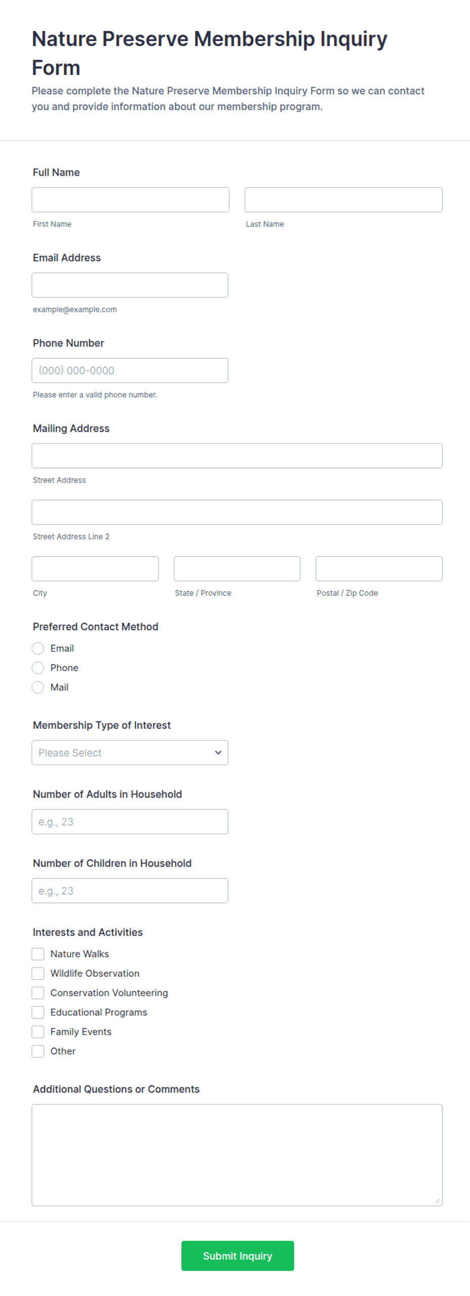 Nature Preserve Membership Inquiry Form Template | Jotform