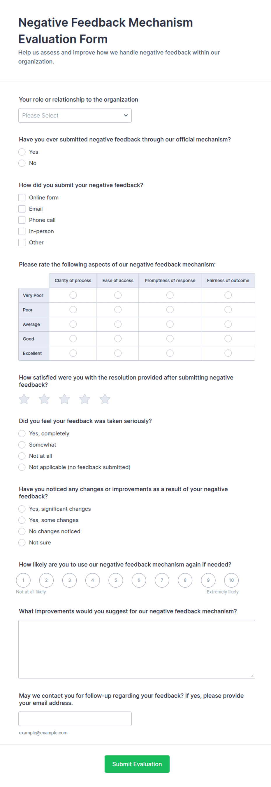 Negative Feedback Mechanism Evaluation Form Template | Jotform