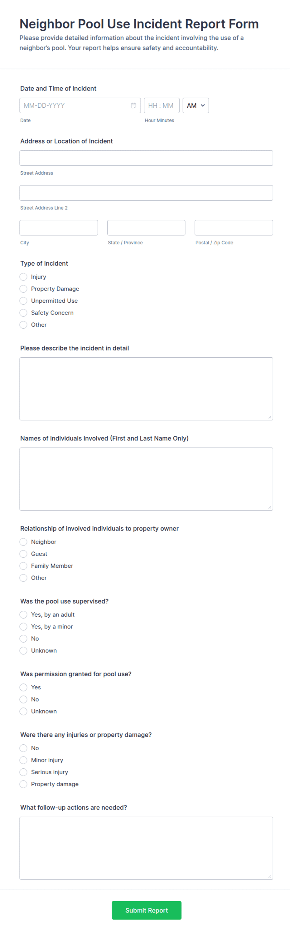 Neighbor Pool Use Incident Report Form Template | Jotform