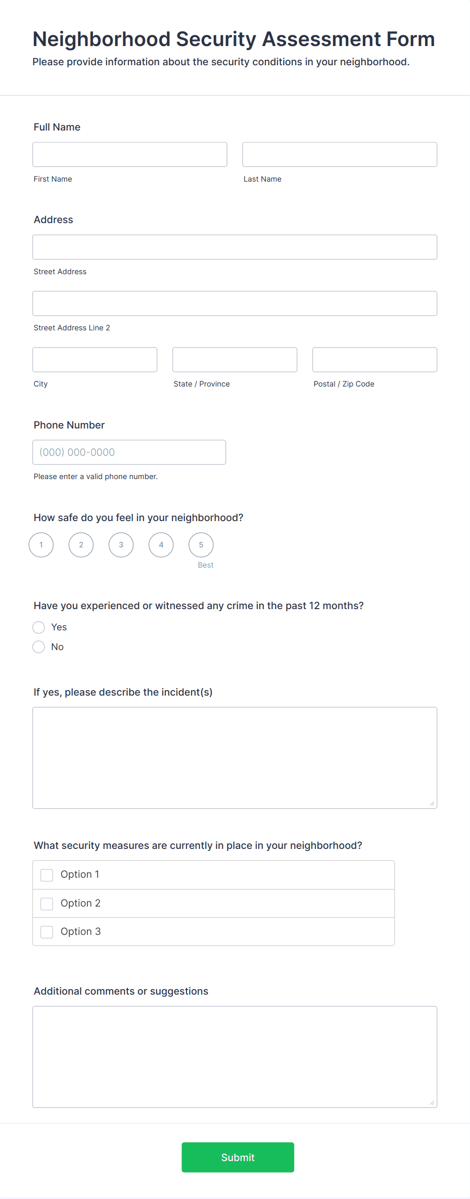 Neighborhood Security Assessment Form Template | Jotform