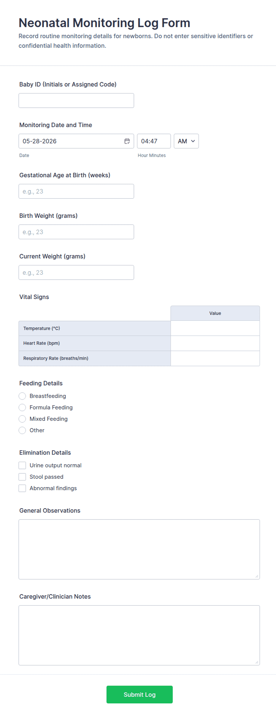 Neonatal Monitoring Log Form Template | Jotform