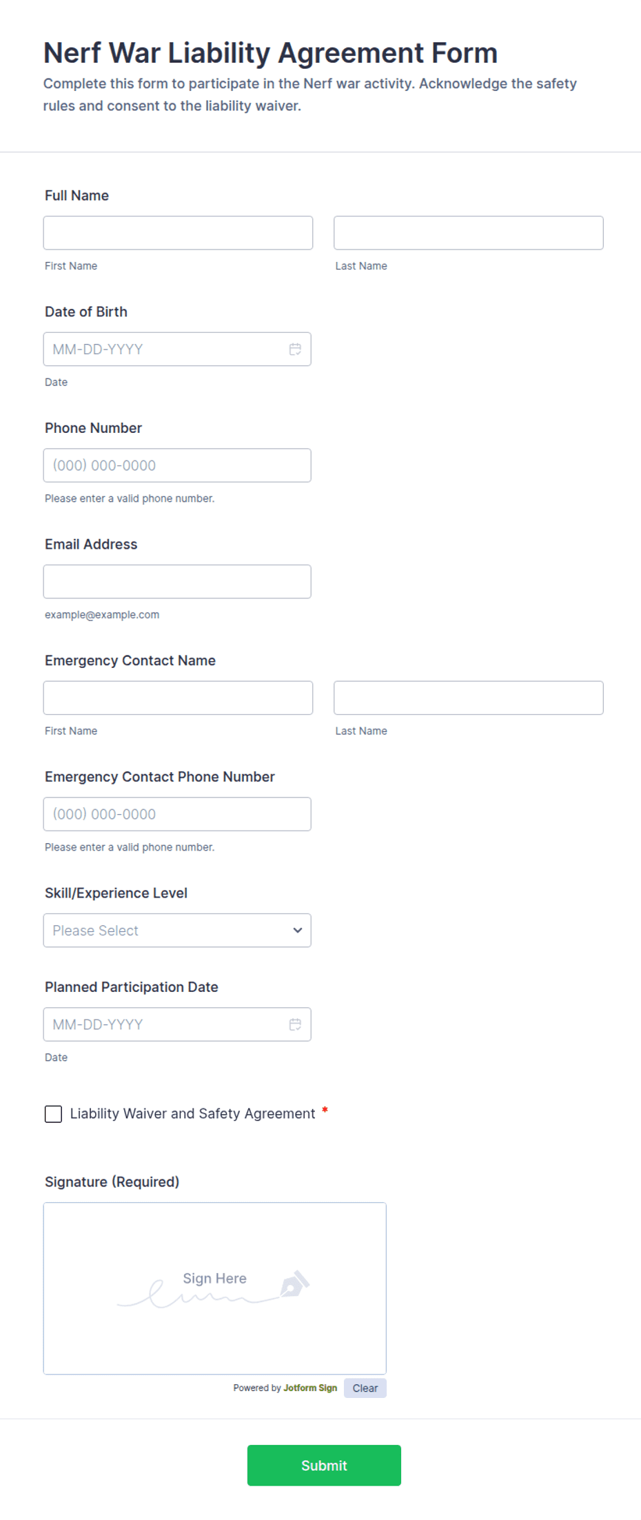 Nerf War Liability Agreement Form Template | Jotform