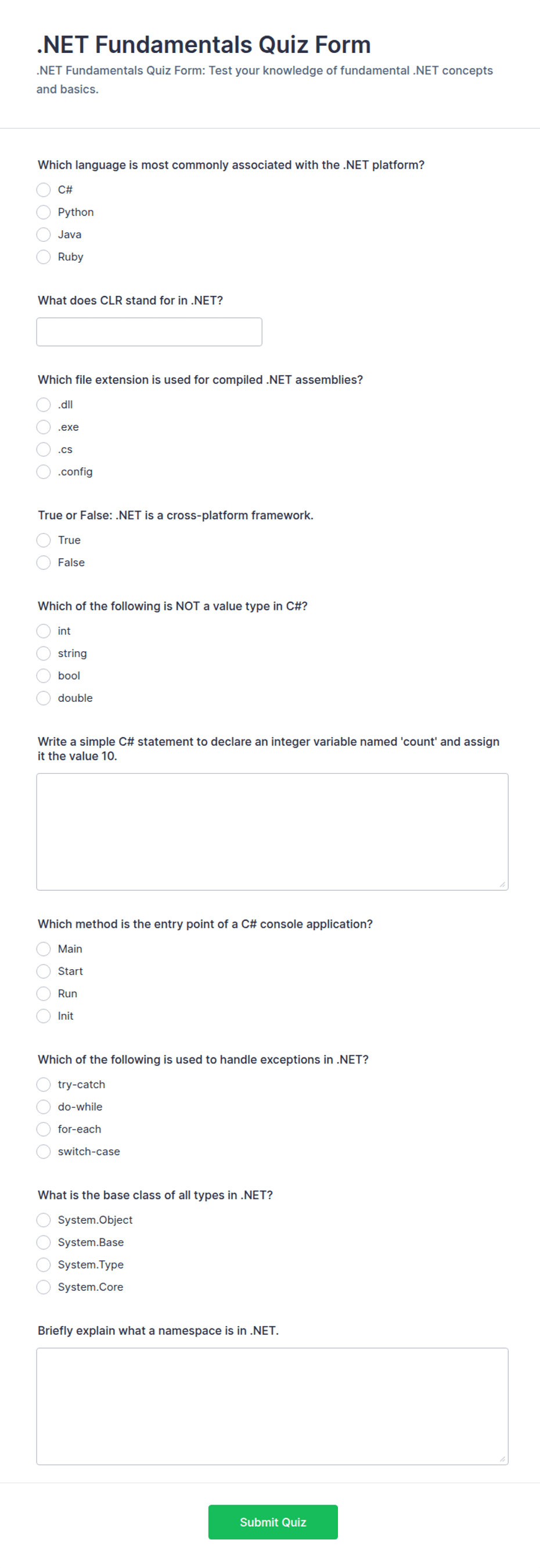 NET Fundamentals Quiz Form Template | Jotform