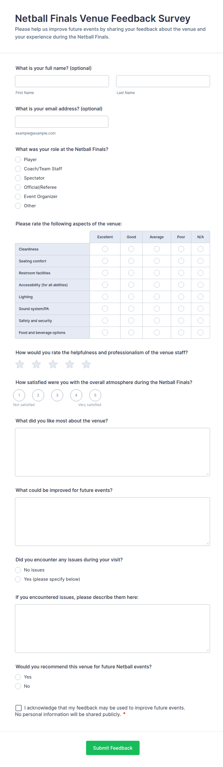 Netball Finals Venue Feedback Survey Form Template | Jotform