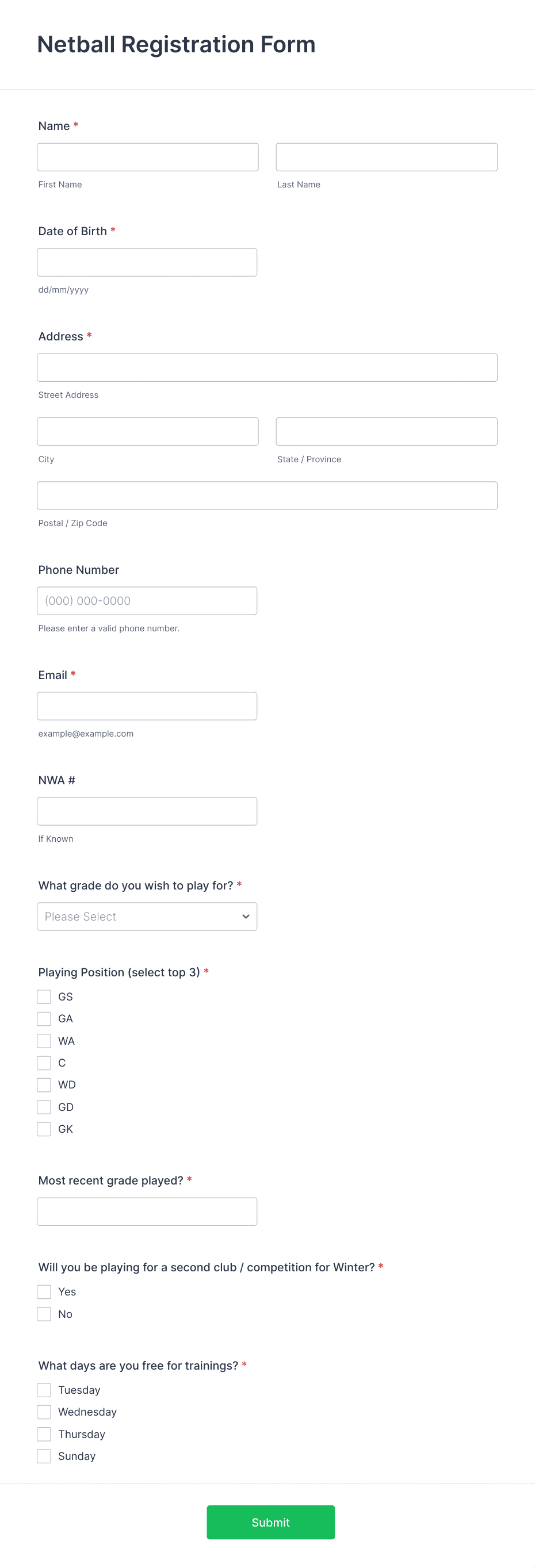 Netball Registration Form Template | Jotform