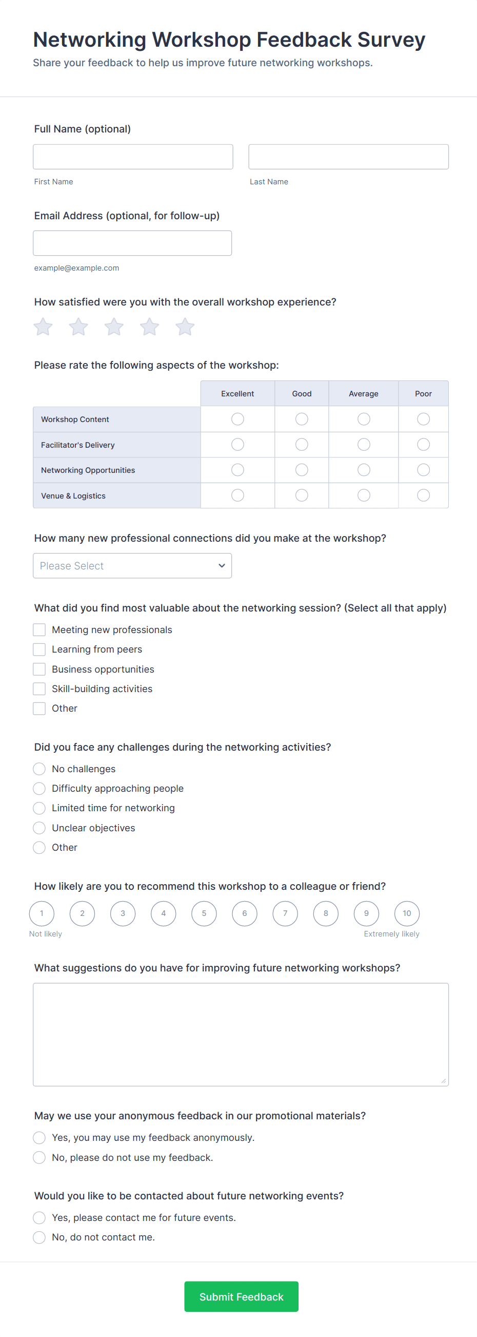 Networking Workshop Feedback Survey Form Template | Jotform