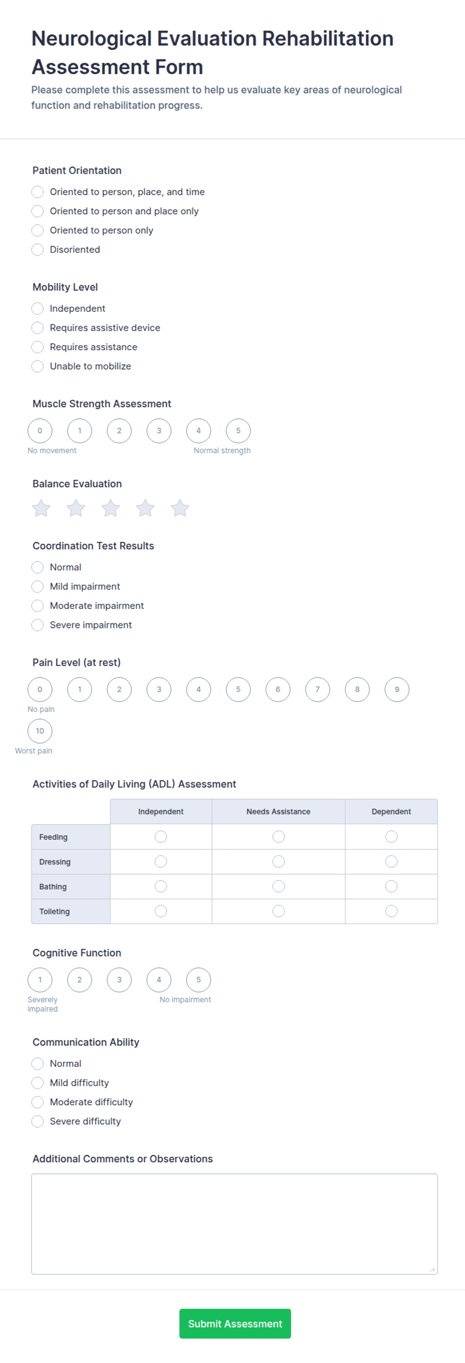 Neurological Evaluation Rehabilitation Assessment Form Template | Jotform