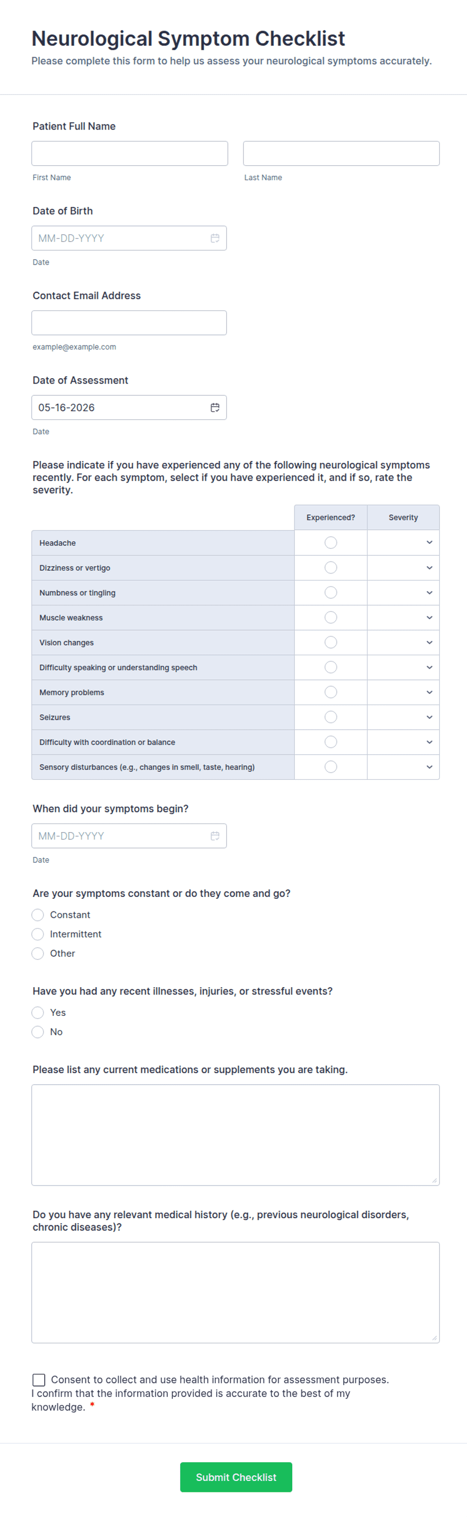 Neurological Symptom Checklist Form Template | Jotform