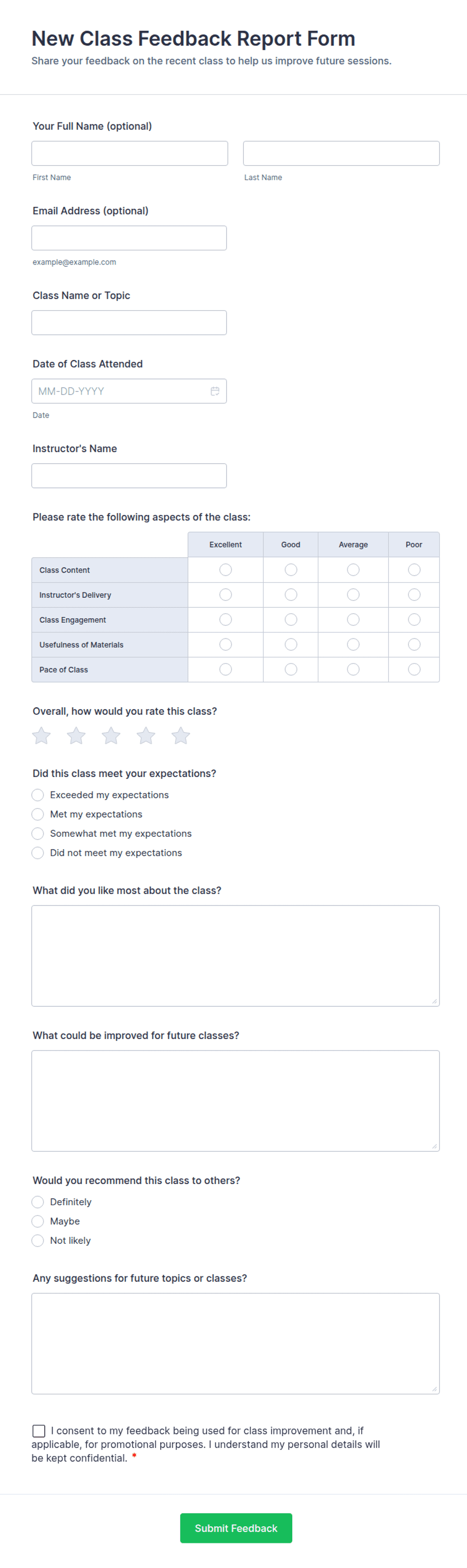 New Class Feedback Report Form Template | Jotform